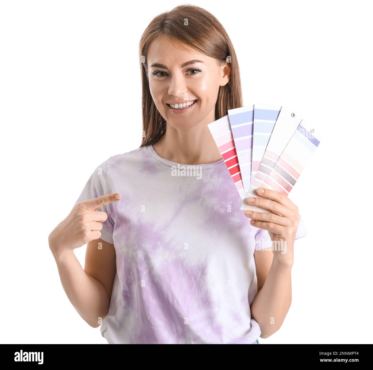 Beautiful woman with paint color palettes on white background Stock ...