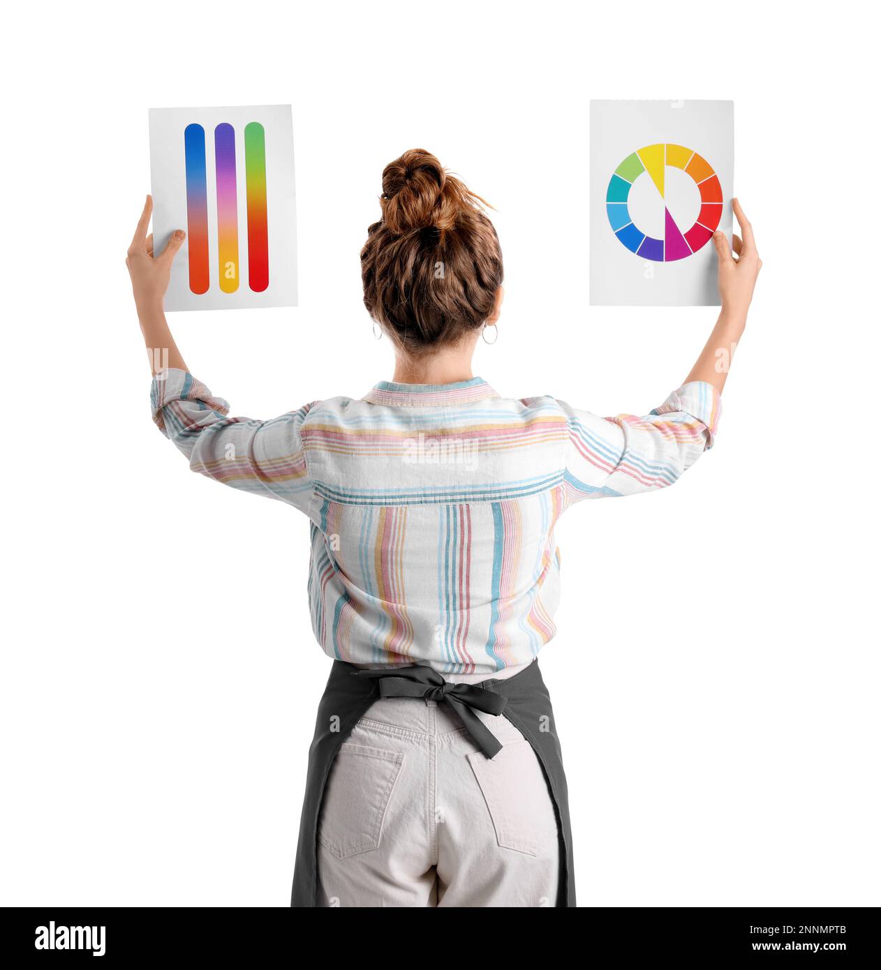 Female artist with paint color palettes on white background, back view ...