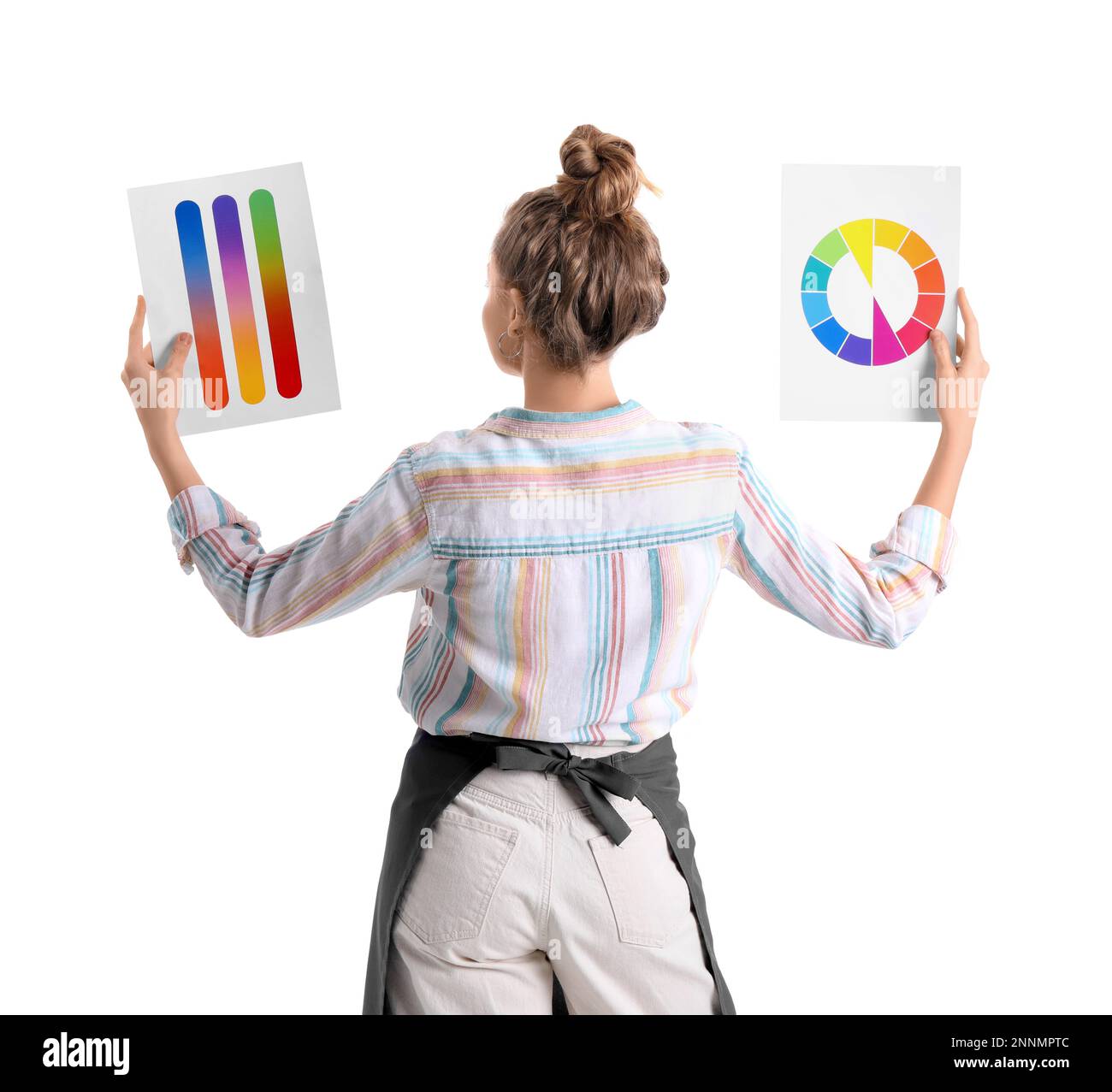 Female artist with paint color palettes on white background, back view ...