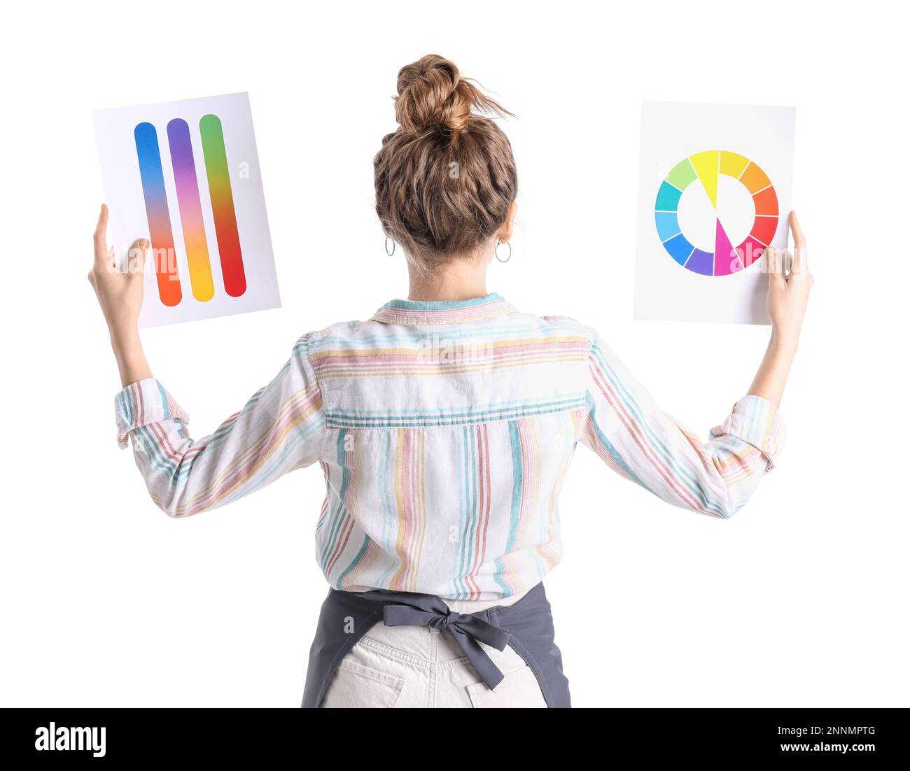 Female artist with paint color palettes on white background, back view ...