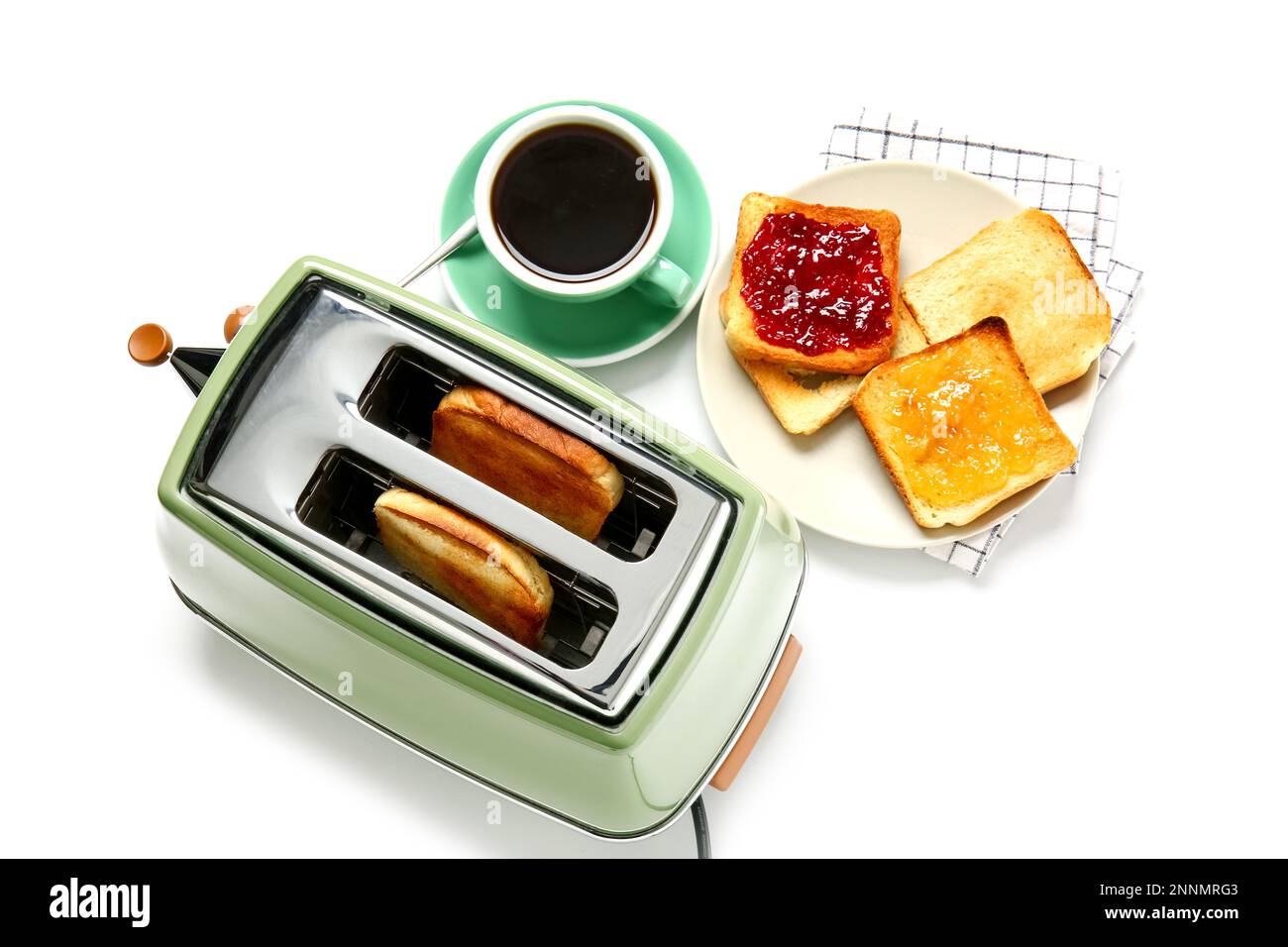 Bread slices in modern toaster, cup of coffee and tasty toasts with jam isolated on white ...