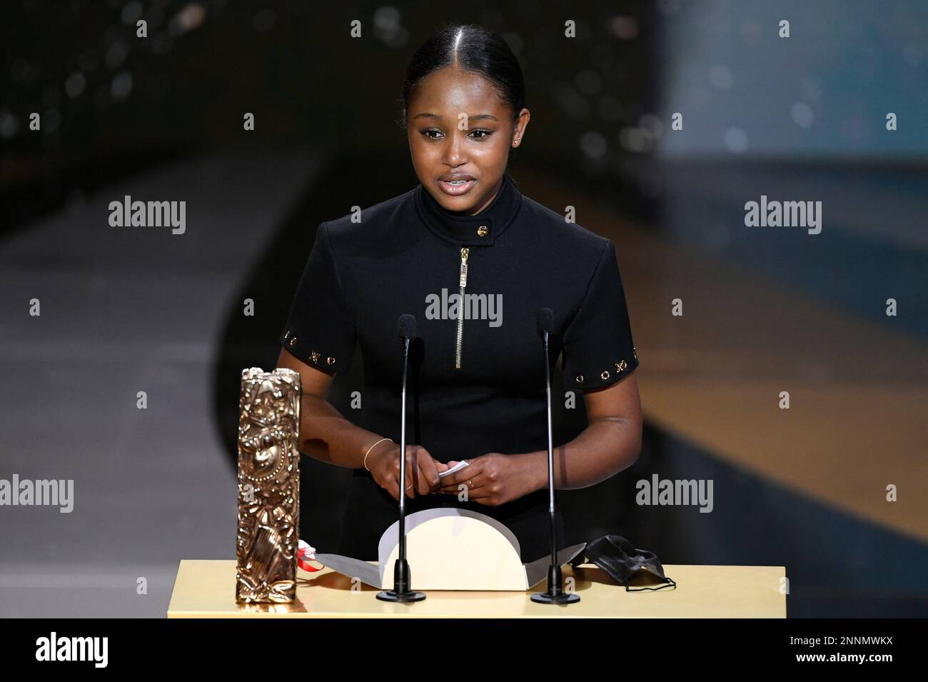 French actress Fathia Youssouf delivers a speech after receiving the ...