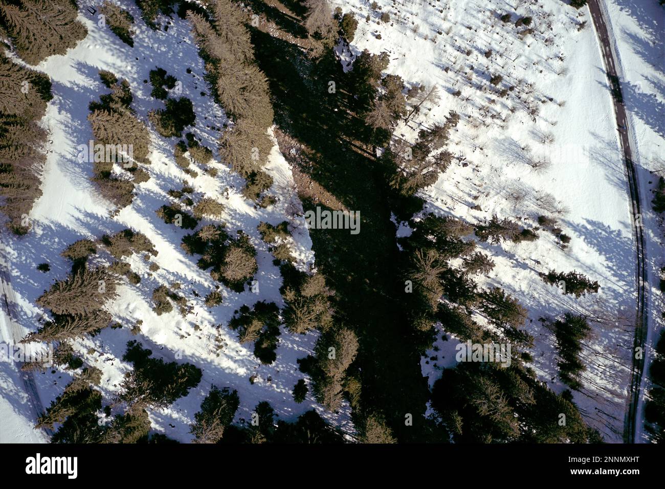 Aerial view on river in mountains during winter Stock Photo - Alamy