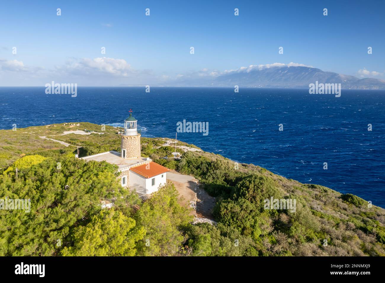 Aerial view of the Skinari Lighthouse on Zakynthos island in Greece ...