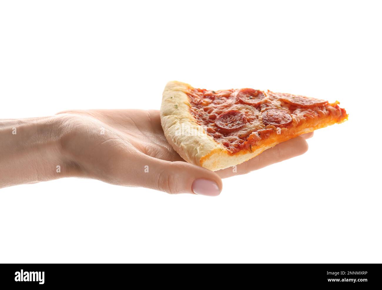 Woman holding slice of delicious pepperoni pizza isolated on white ...