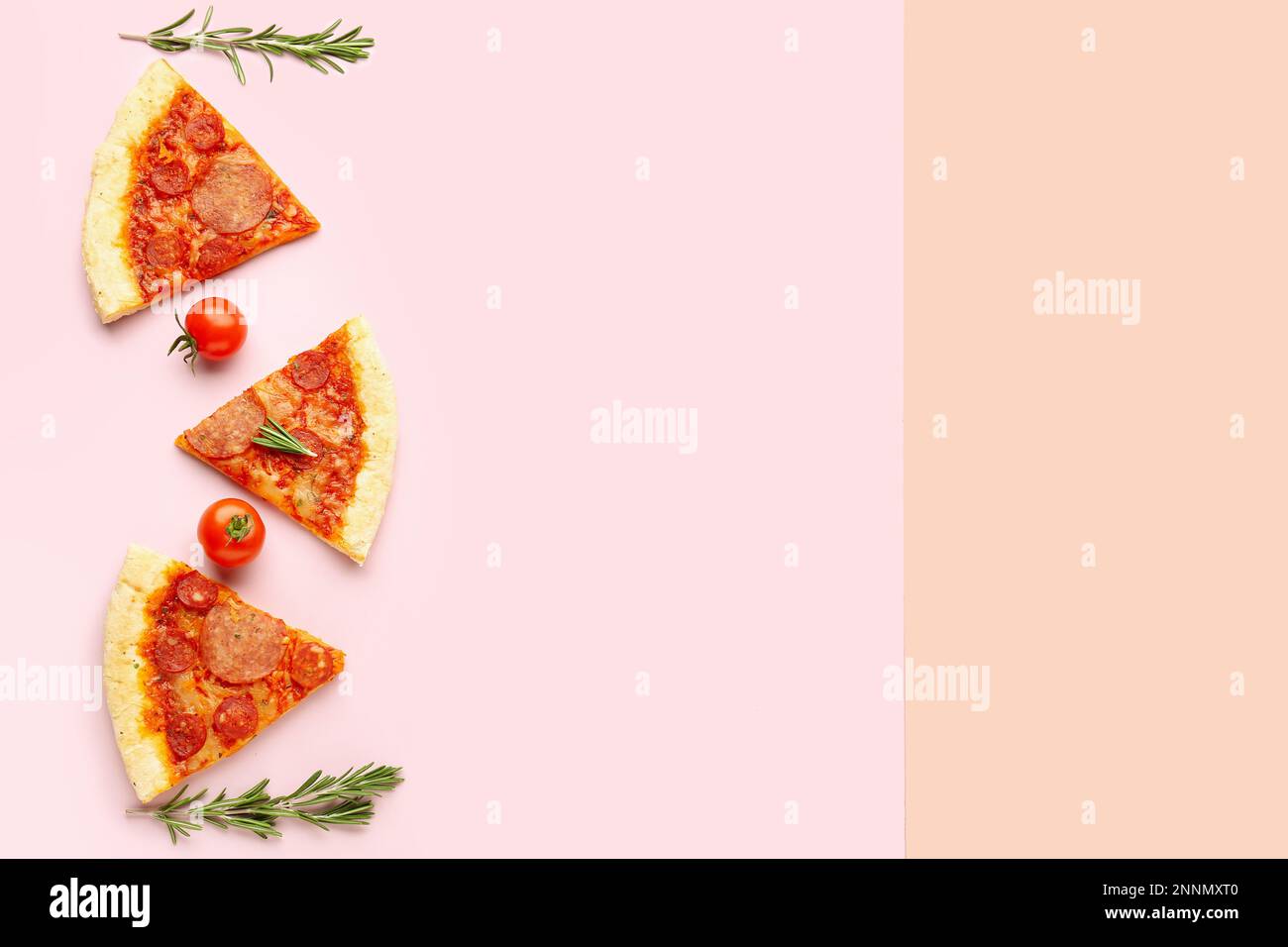 Composition with slices of delicious pepperoni pizza on pink background ...