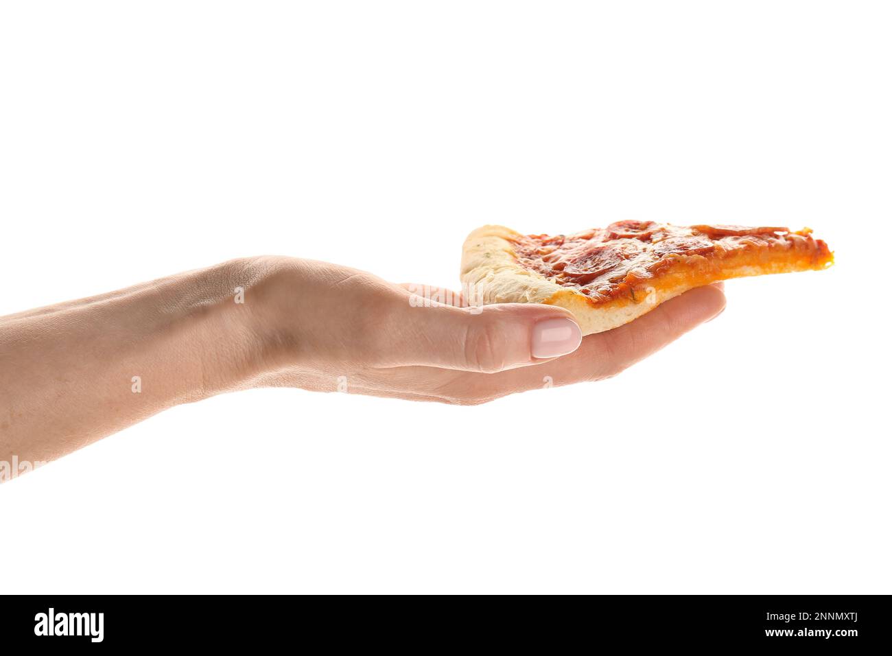 Woman holding slice of delicious pepperoni pizza isolated on white ...