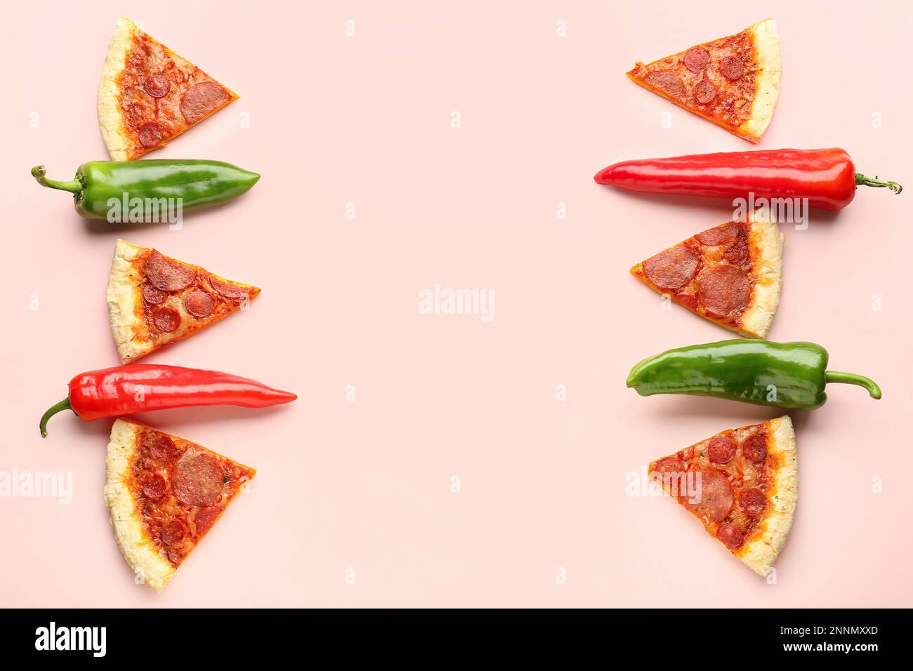 Frame made of delicious pepperoni pizza slices and jalapeno peppers on ...