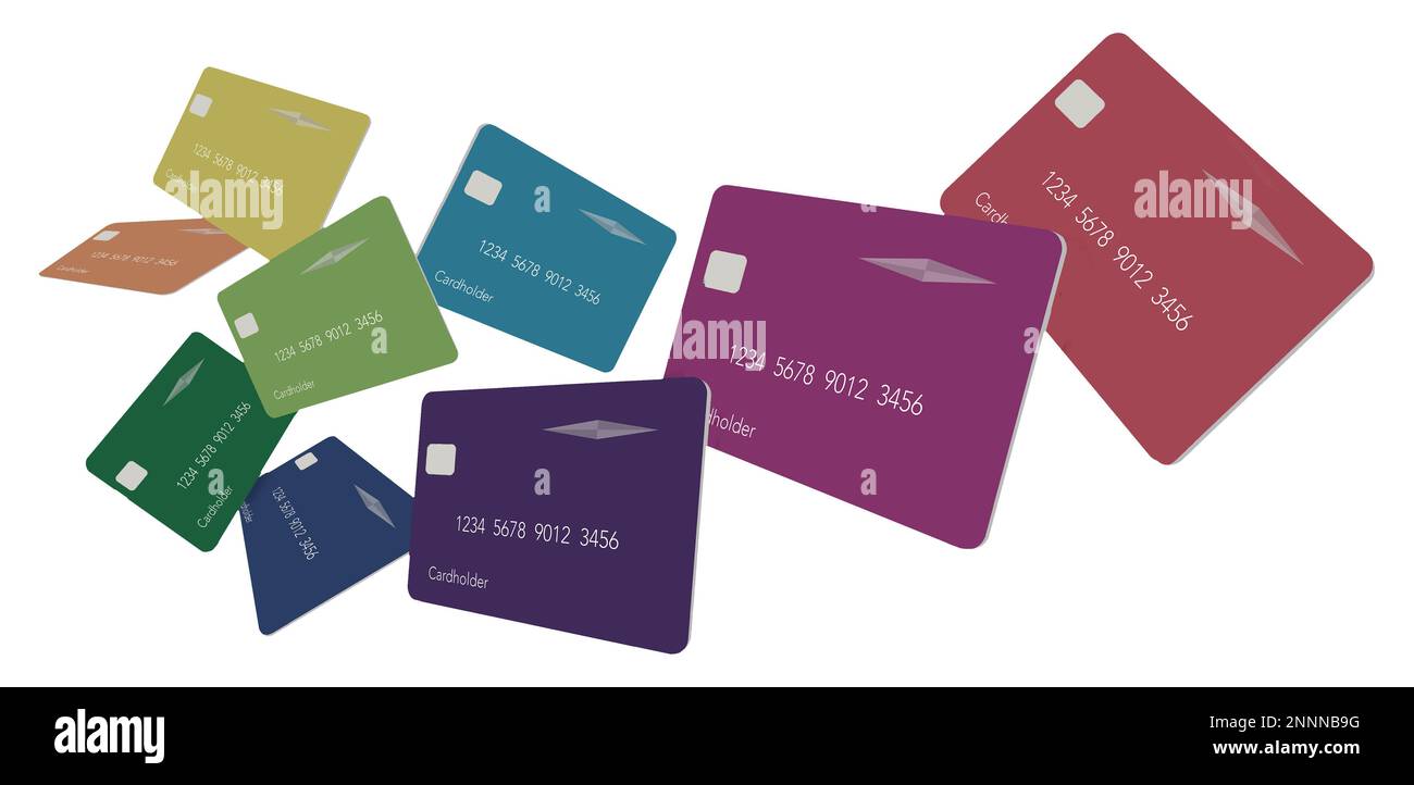 Nine credit card or debit cards in the colors of the spectrum float ...