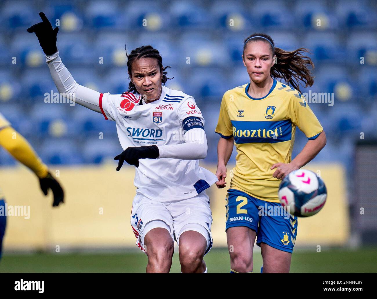 Olympique Lyon's Wendie Renard, left, and Broendby's Rebecca Maria ...
