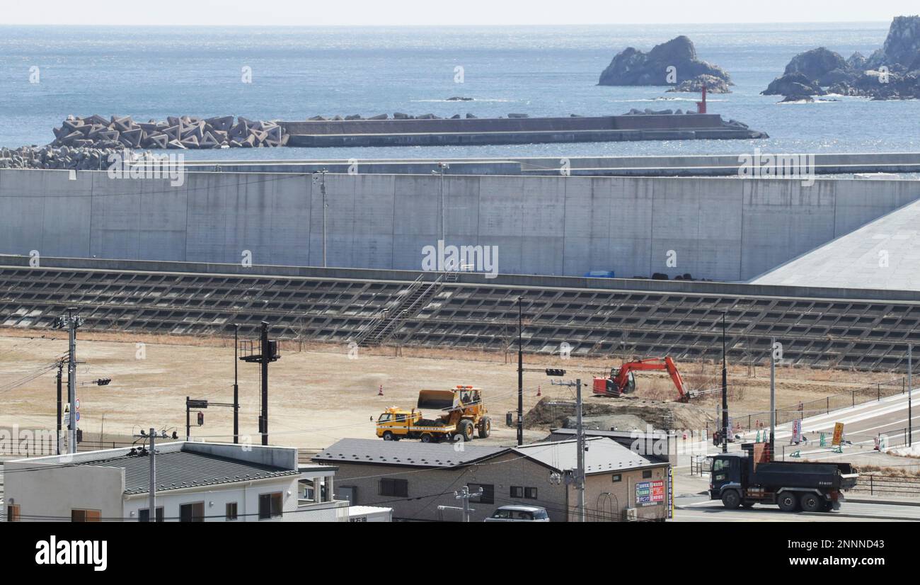 A new seawall is being constructed at Taro district, Miyako city, Iwate ...