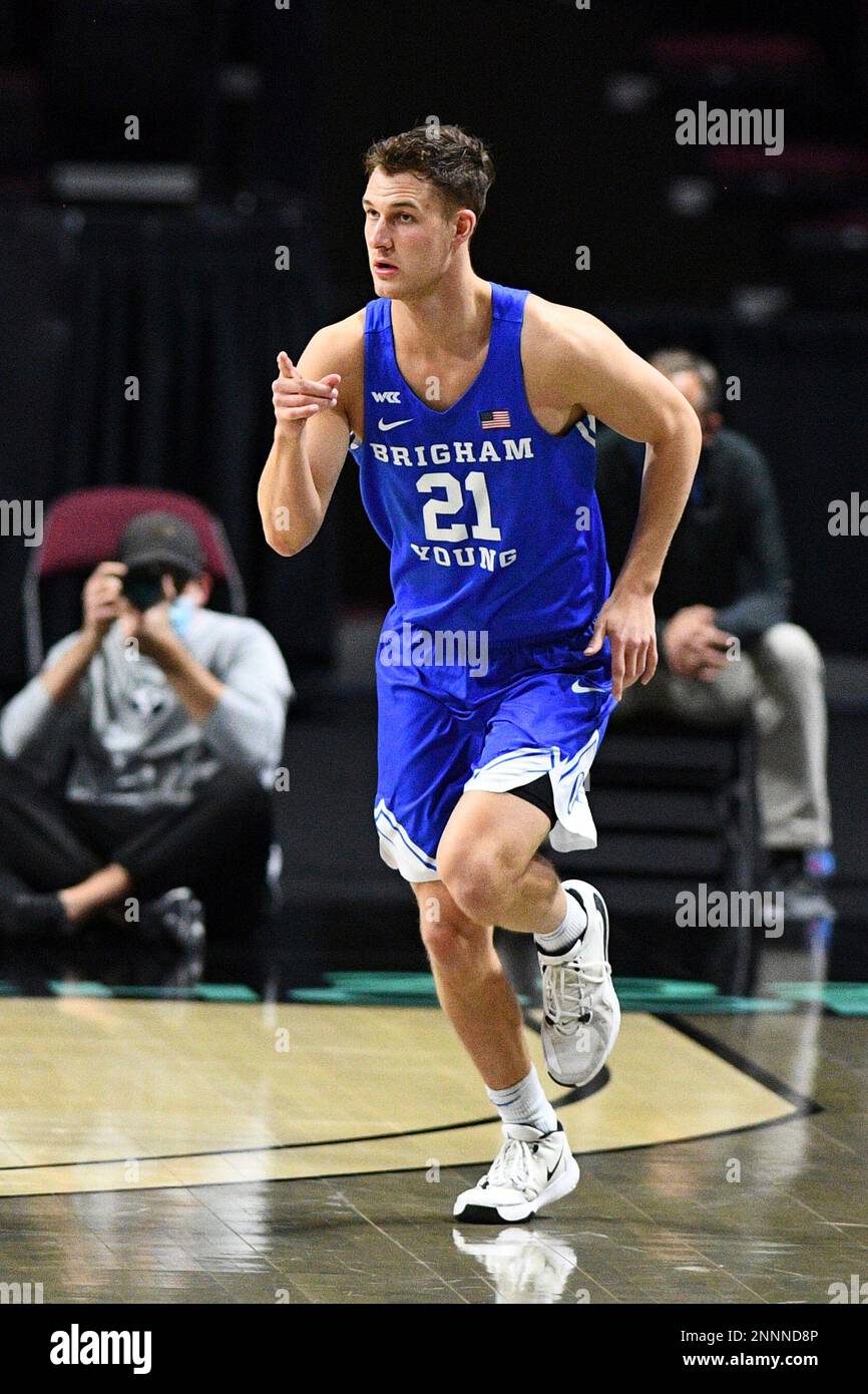 LAS VEGAS, NV - MARCH 09: BYU guard Trevin Knell (21) celebrates a ...