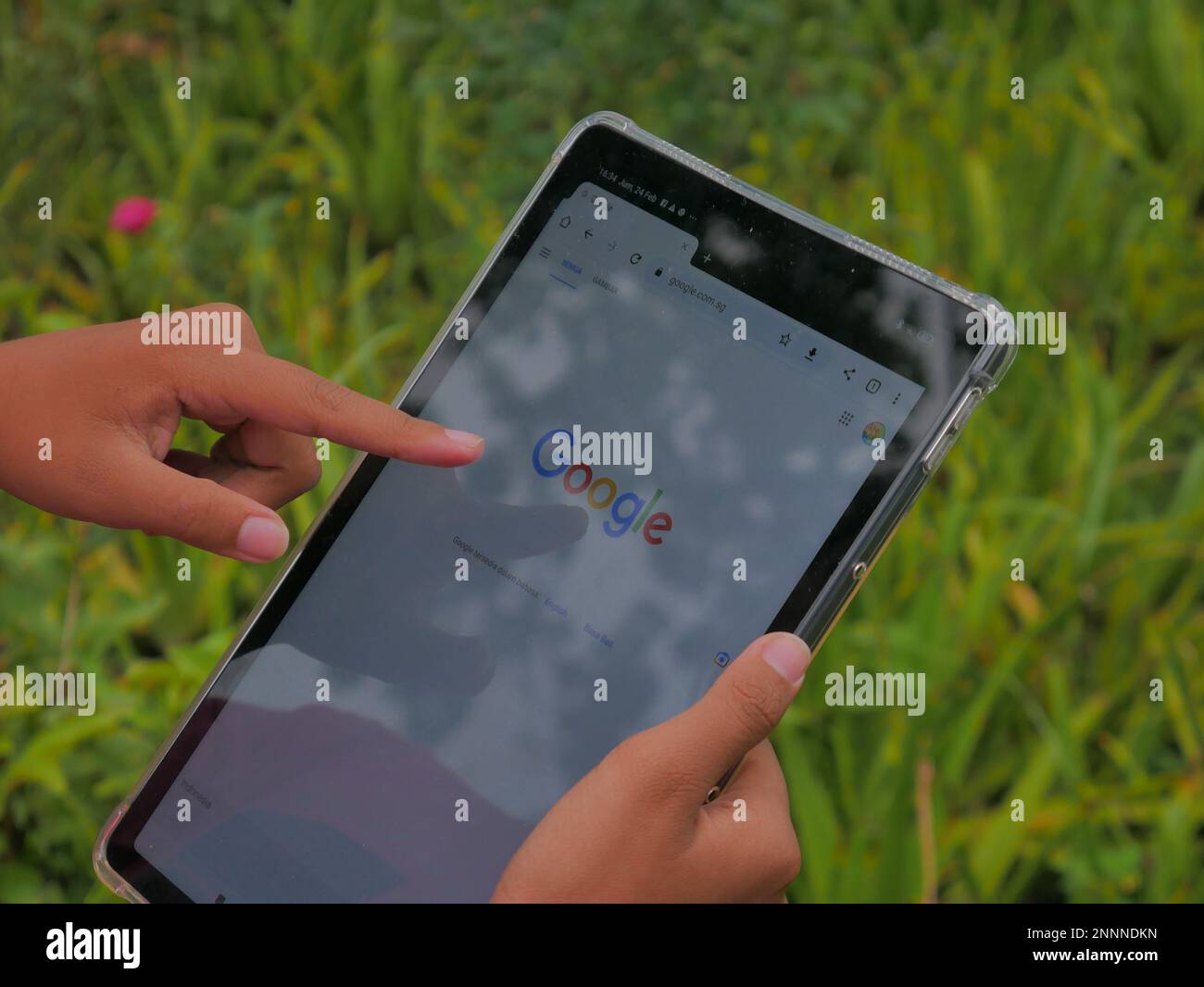 close up of hand holding smartphone opening google search engine Stock ...