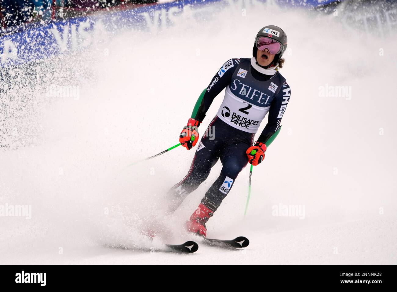 Norway's Lucas Braathen reacts after competing in Run 2 during a men's ...