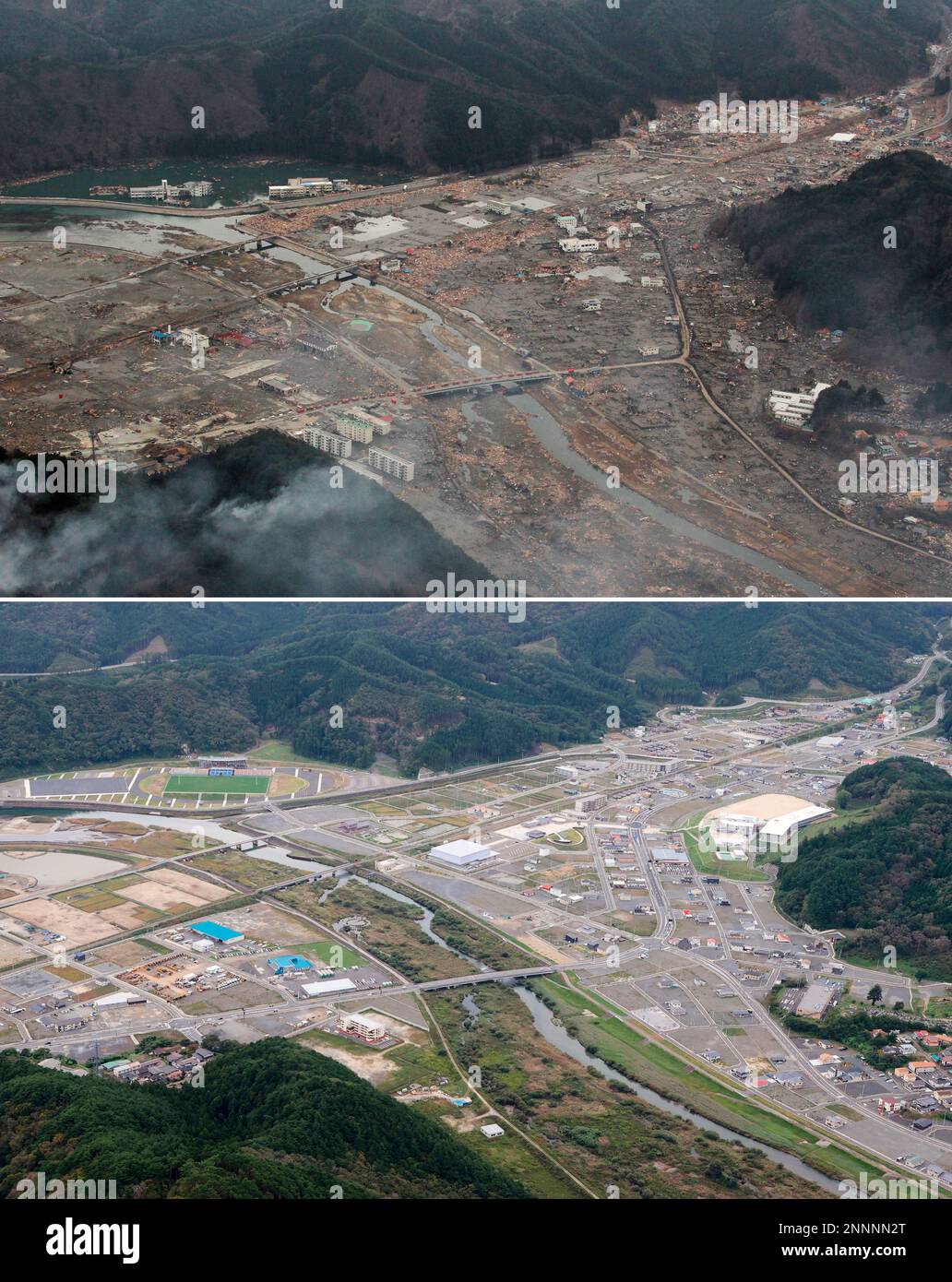 An aerial combination photo shows a tsunami-hit Unosumai, ( above ...