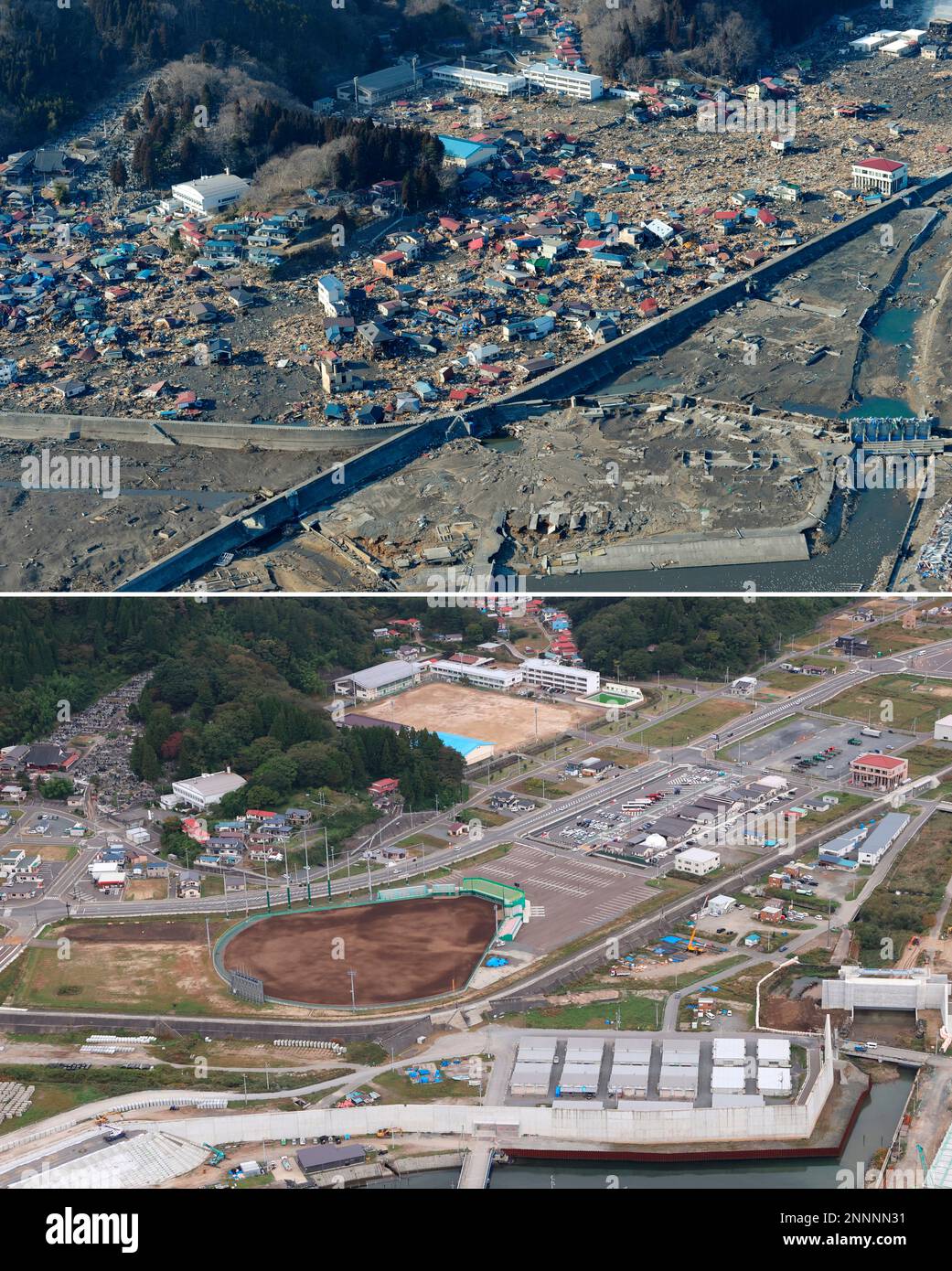An aerial combination photo shows a tsunami-hit Taro district ( above ...