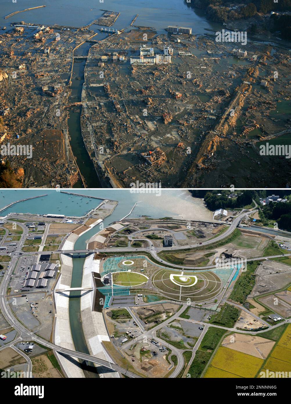 An aerial combination photo shows a tsunami-hit Minami-Sanriku ( above ...