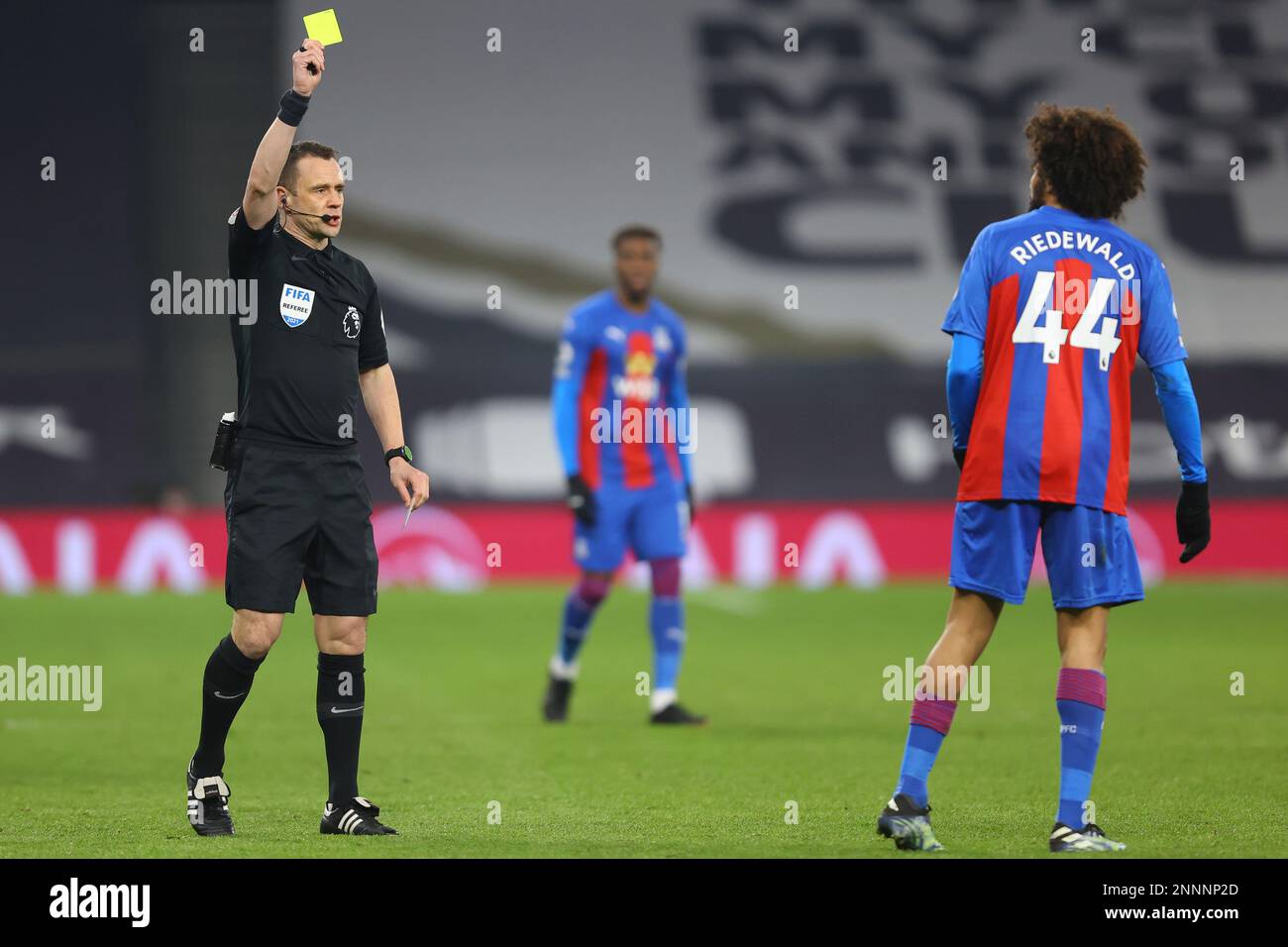 Crystal Palace's Jairo Riedewald is shown a yellow card during the ...