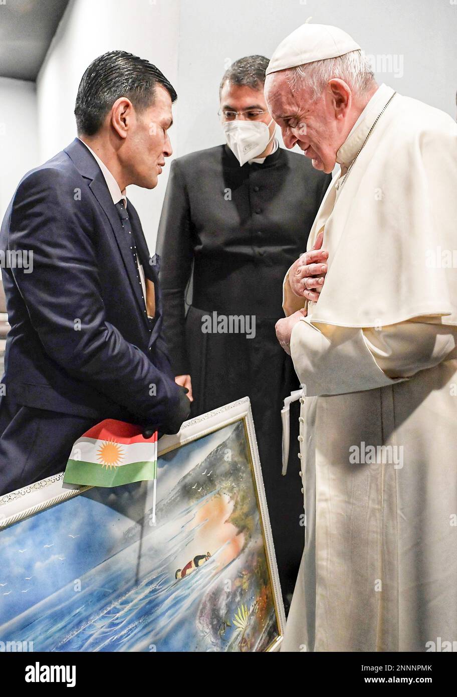 Pope Francis speaks to Abdullah Kurdi, left, father of Alan Kurdi, a 3 ...
