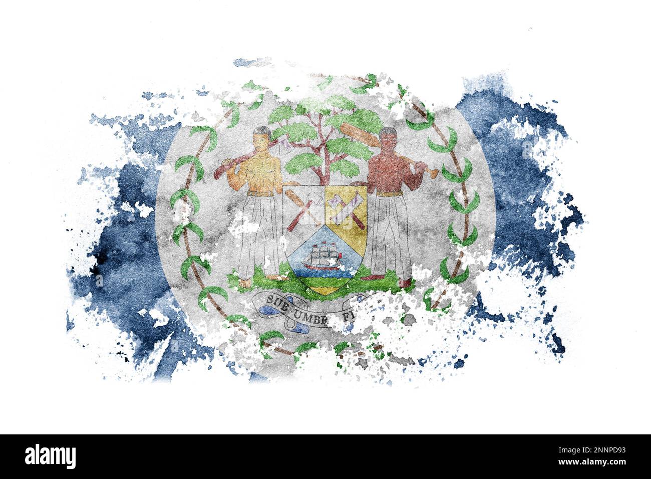 Belize, Belizean flag background painted on white paper with watercolor ...