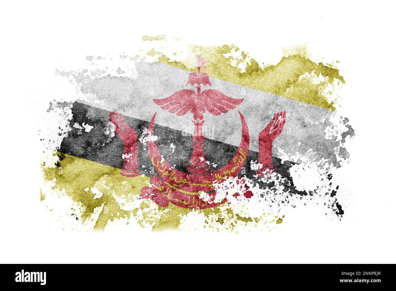 Brunei, Bruneian flag background painted on white paper with watercolor ...