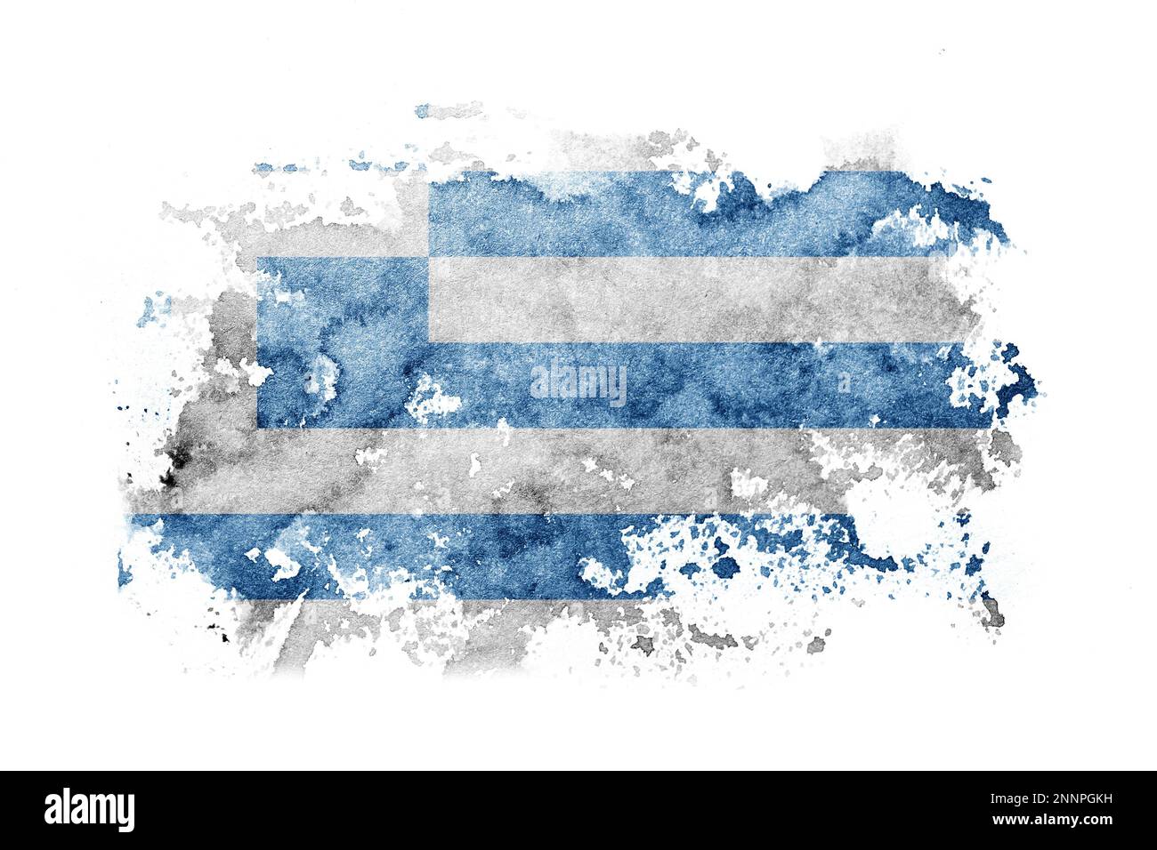 Greece, Greek flag background painted on white paper with watercolor ...