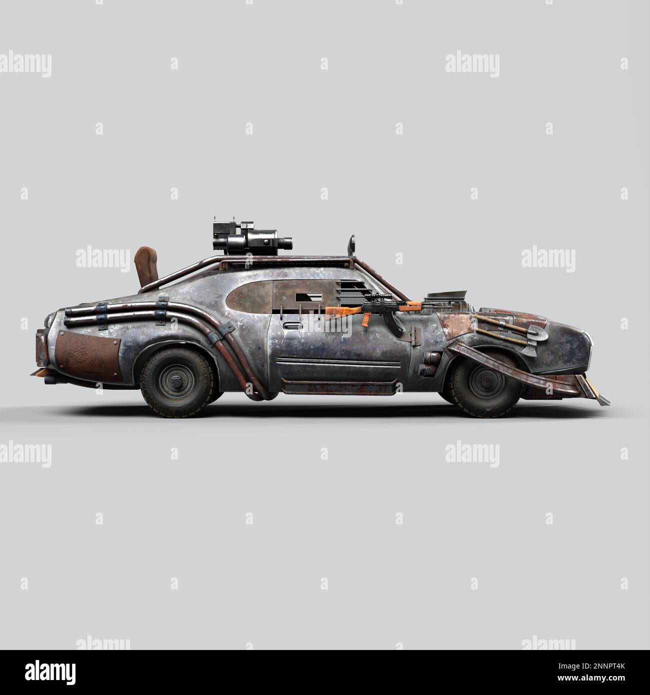 3D-illustration of a post apocalyptic car to fight zombies with weapons ...