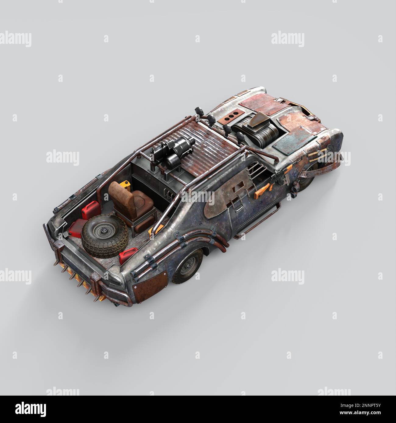 3D-illustration of a post apocalyptic car to fight zombies with weapons ...