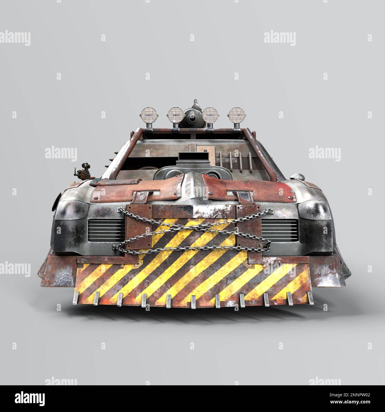3D-illustration of a post apocalyptic car to fight zombies with weapons ...