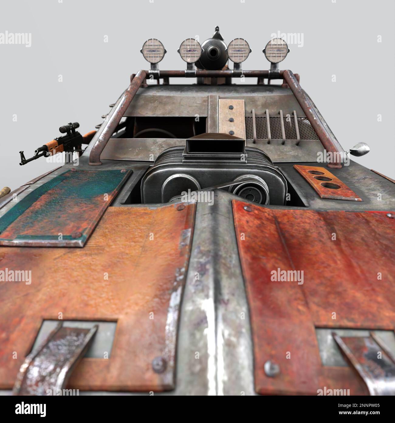 3D-illustration of a post apocalyptic car to fight zombies with weapons ...