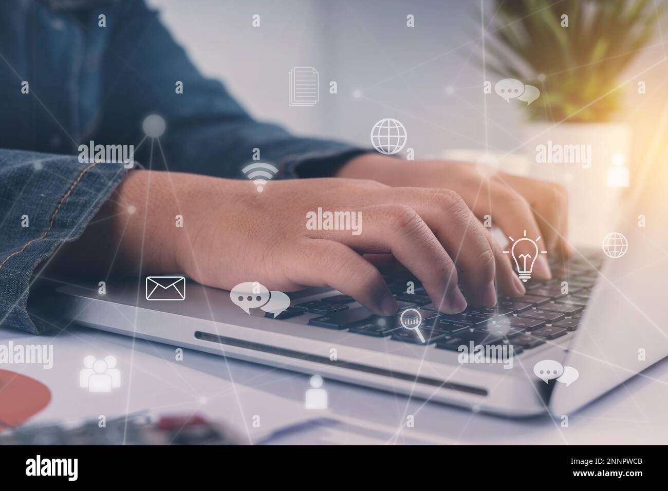 Hands working on Laptop with technology theme drawing. Double exposure ...