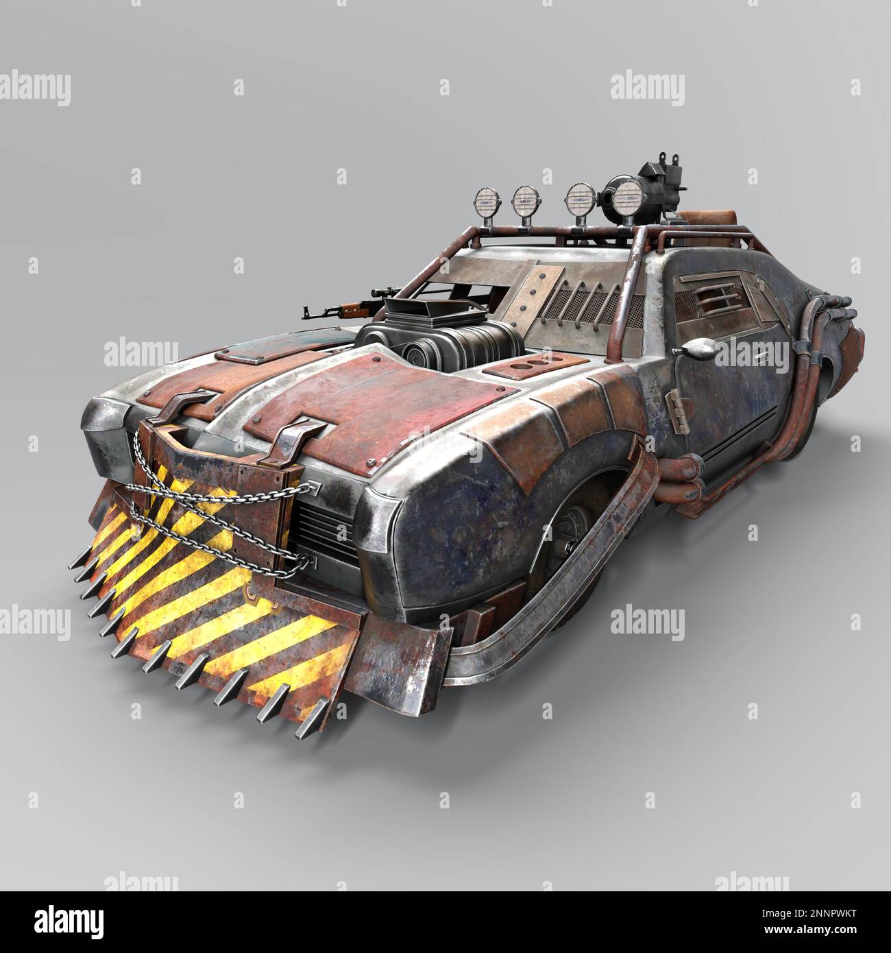 3D-illustration of a post apocalyptic car to fight zombies with weapons ...