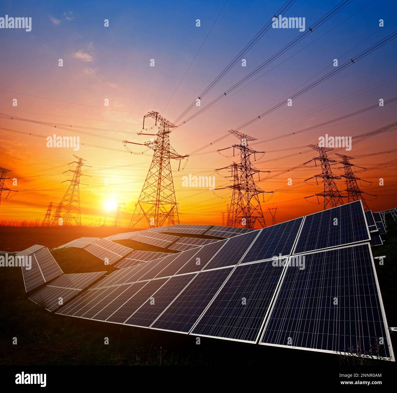 Solar panels and pylon, green environmental protection Stock Photo - Alamy
