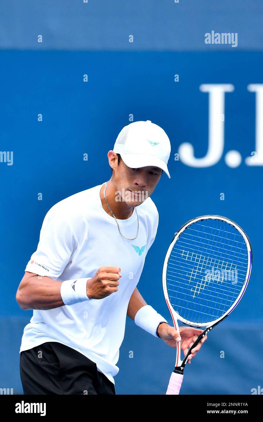 Jason Jung in action against Federico Coria at the 2020 US Open, Monday ...