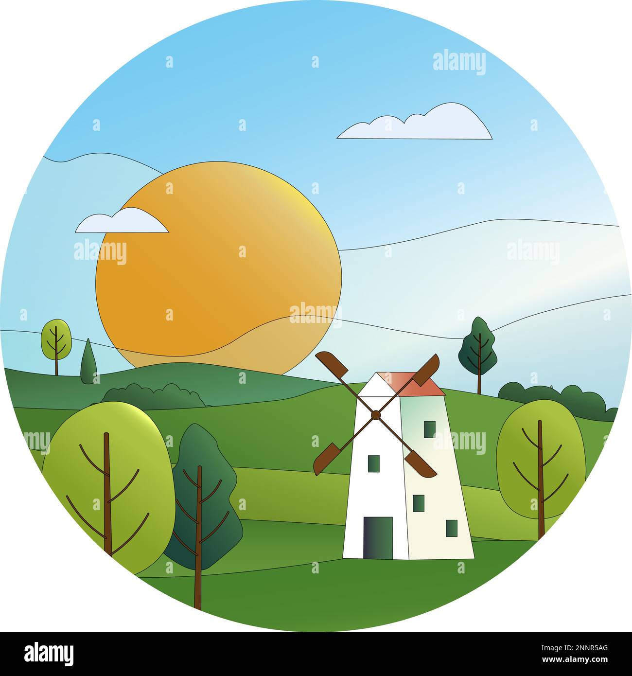 Windmill clouds trees field Stock Vector Images - Alamy