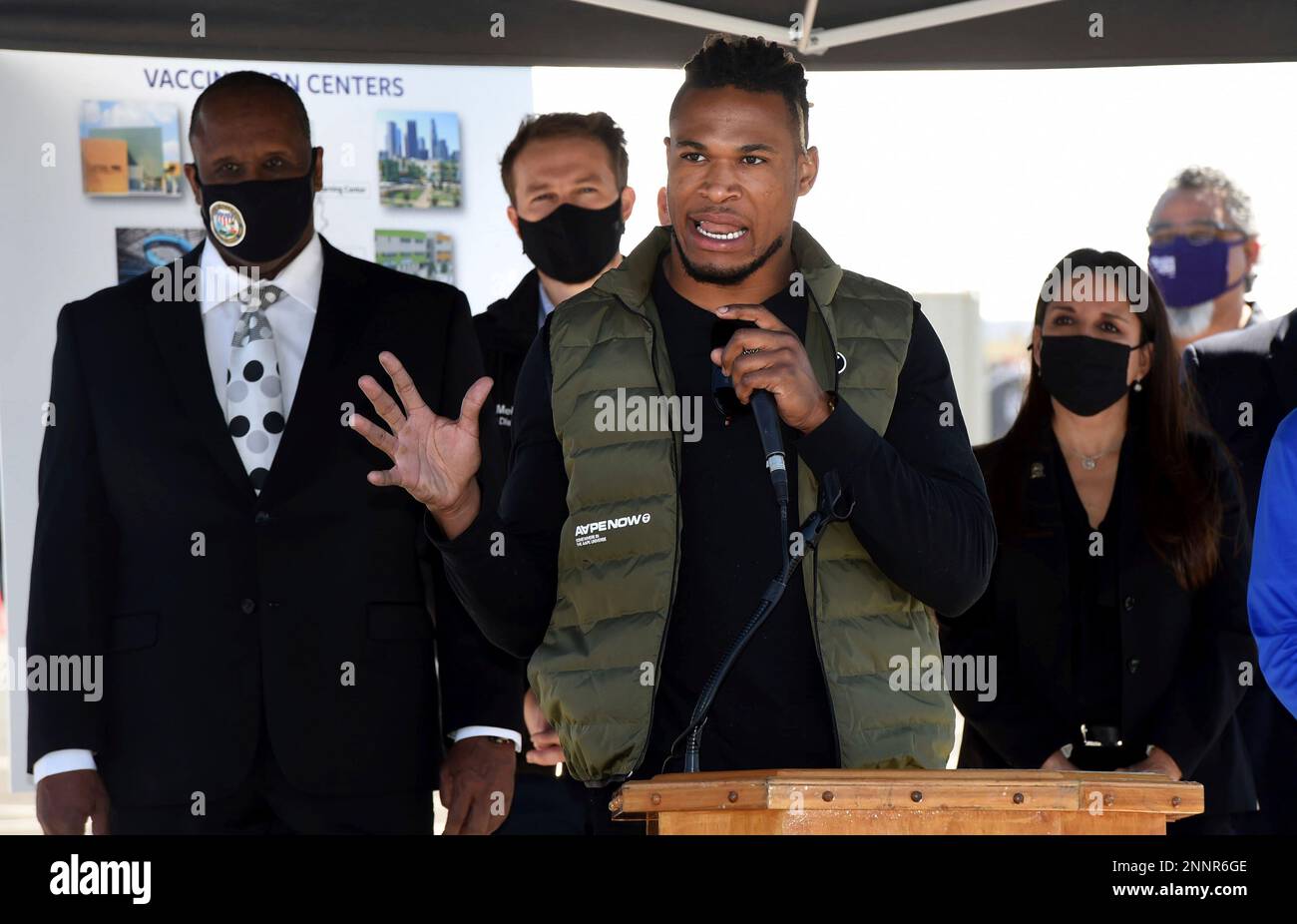 Los Angeles Rams linebacker Kenny Young speaks during a press ...