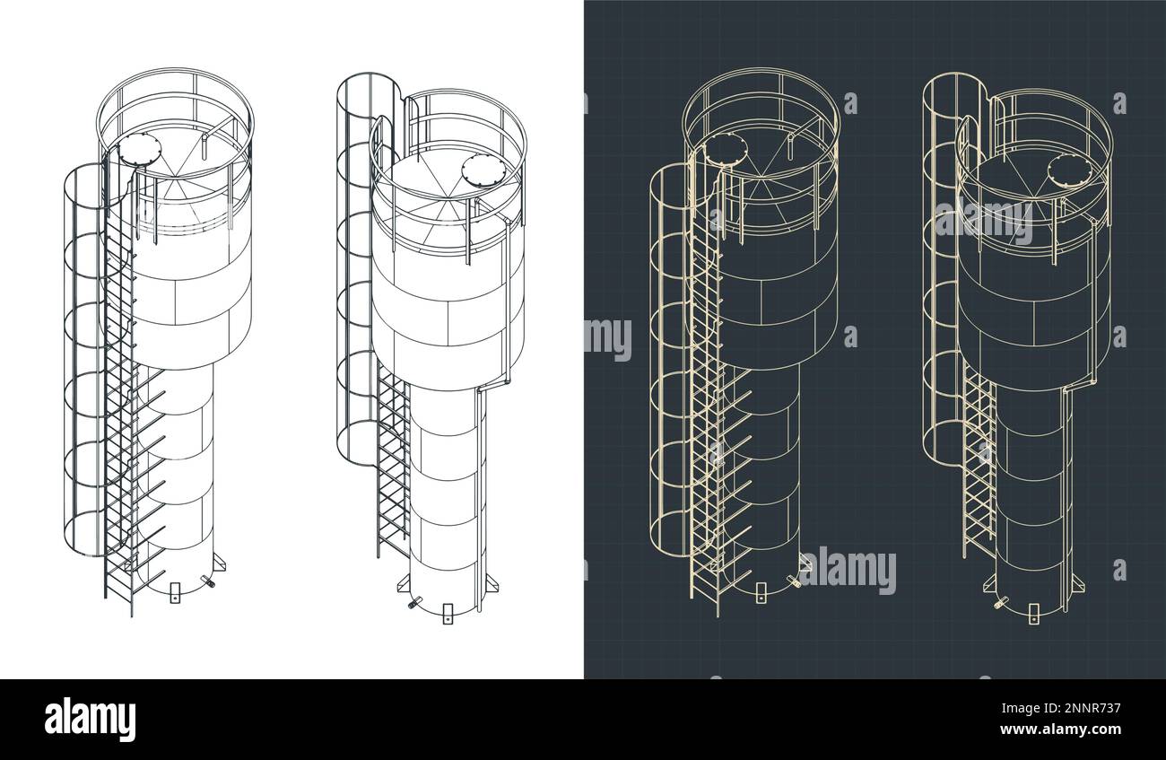 Stylized vector illustration of isometric blueprints of water tank ...