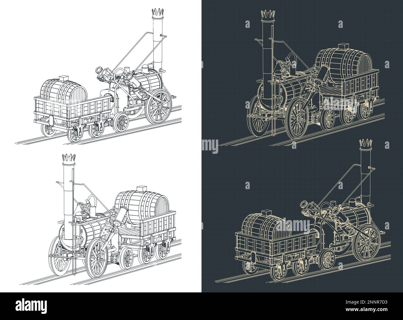Stylized vector illustrations of Robert Stephenson`s Rocket steam ...