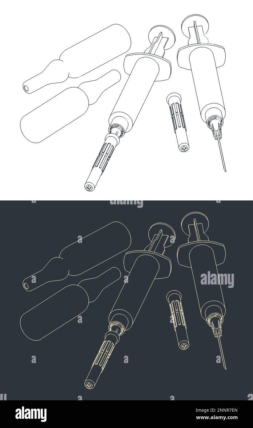 Stylized vector illustrations of disposable syringe with needle and ...