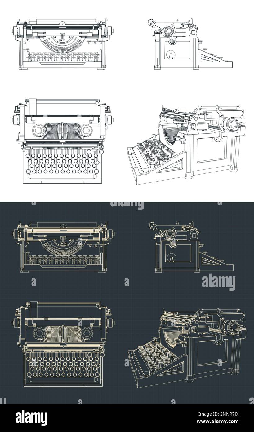 Stylized vector illustrations of blueprints of retro typewriter Stock ...