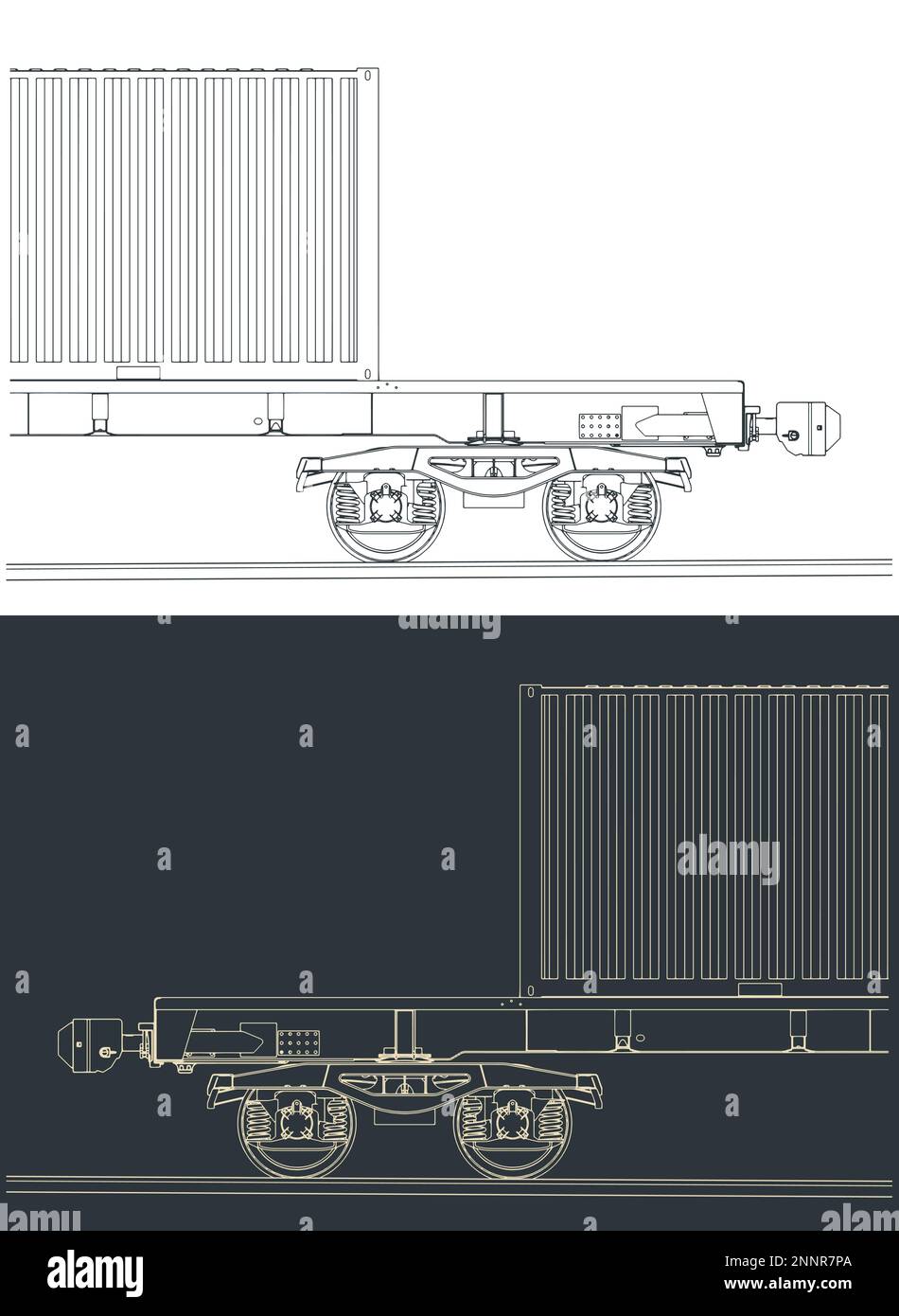 Stylized vector illustrations of a cargo railway platform with a ...