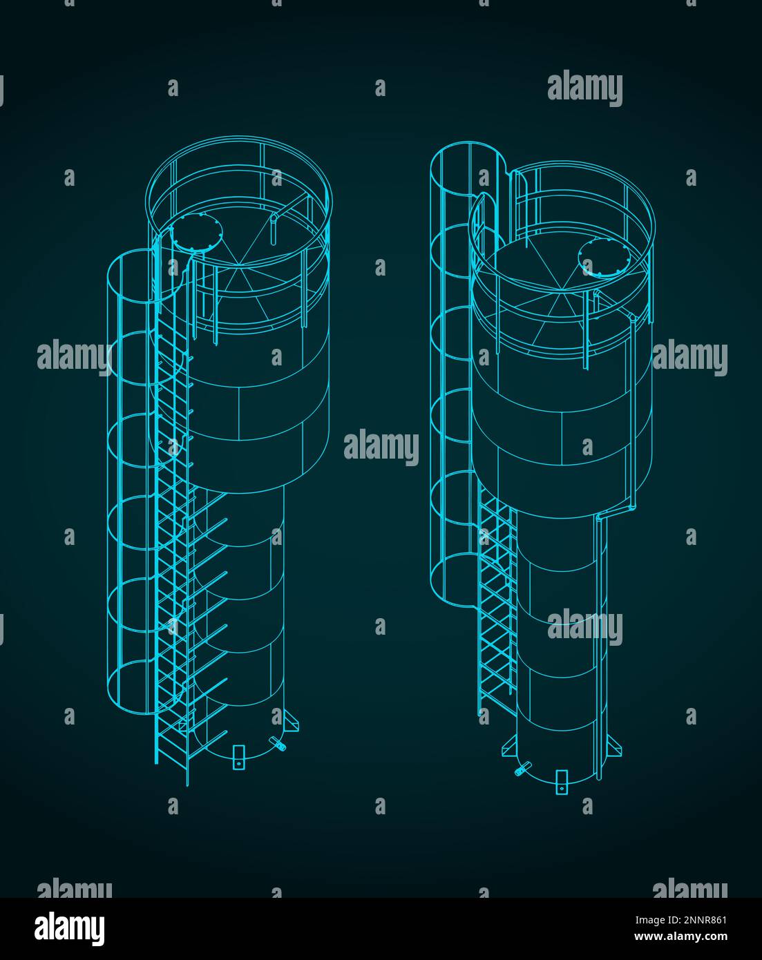Stylized vector illustration of isometric blueprints of water tank ...