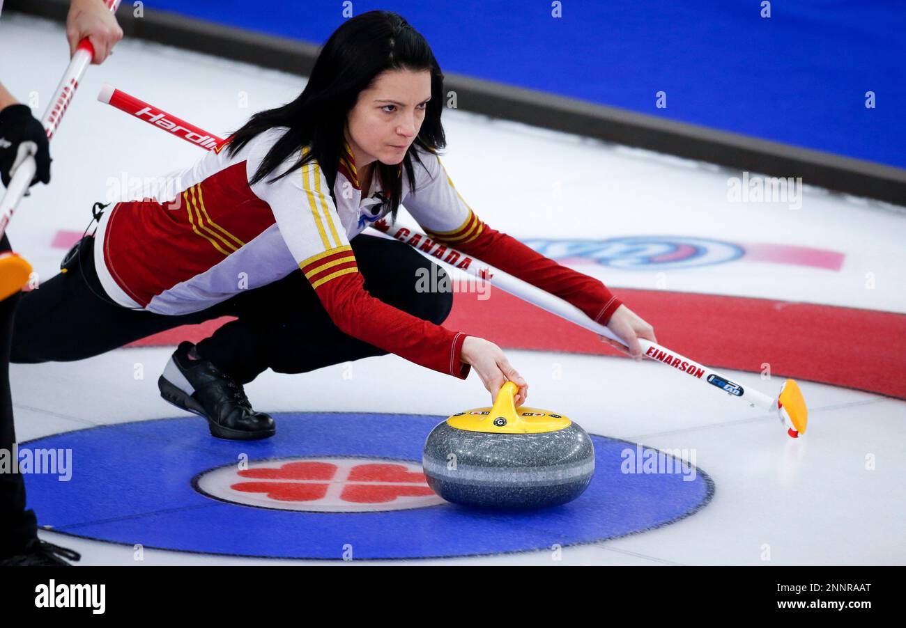 Team Canada skip Kerri Einarson makes a shot against Team Alberta in ...