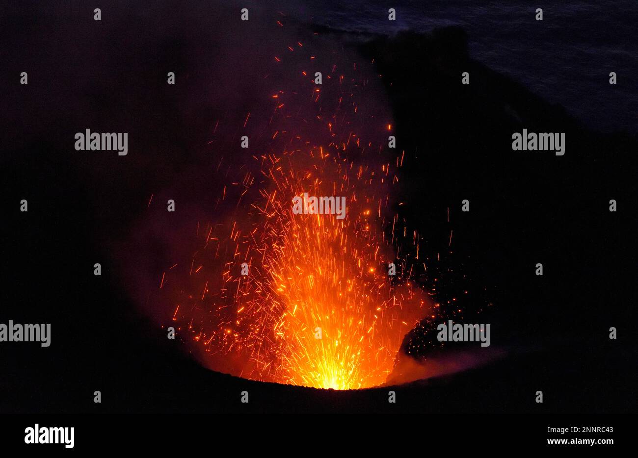 Eruption of layer volcano Stromboli at night, Stromboli Island, Lipari ...