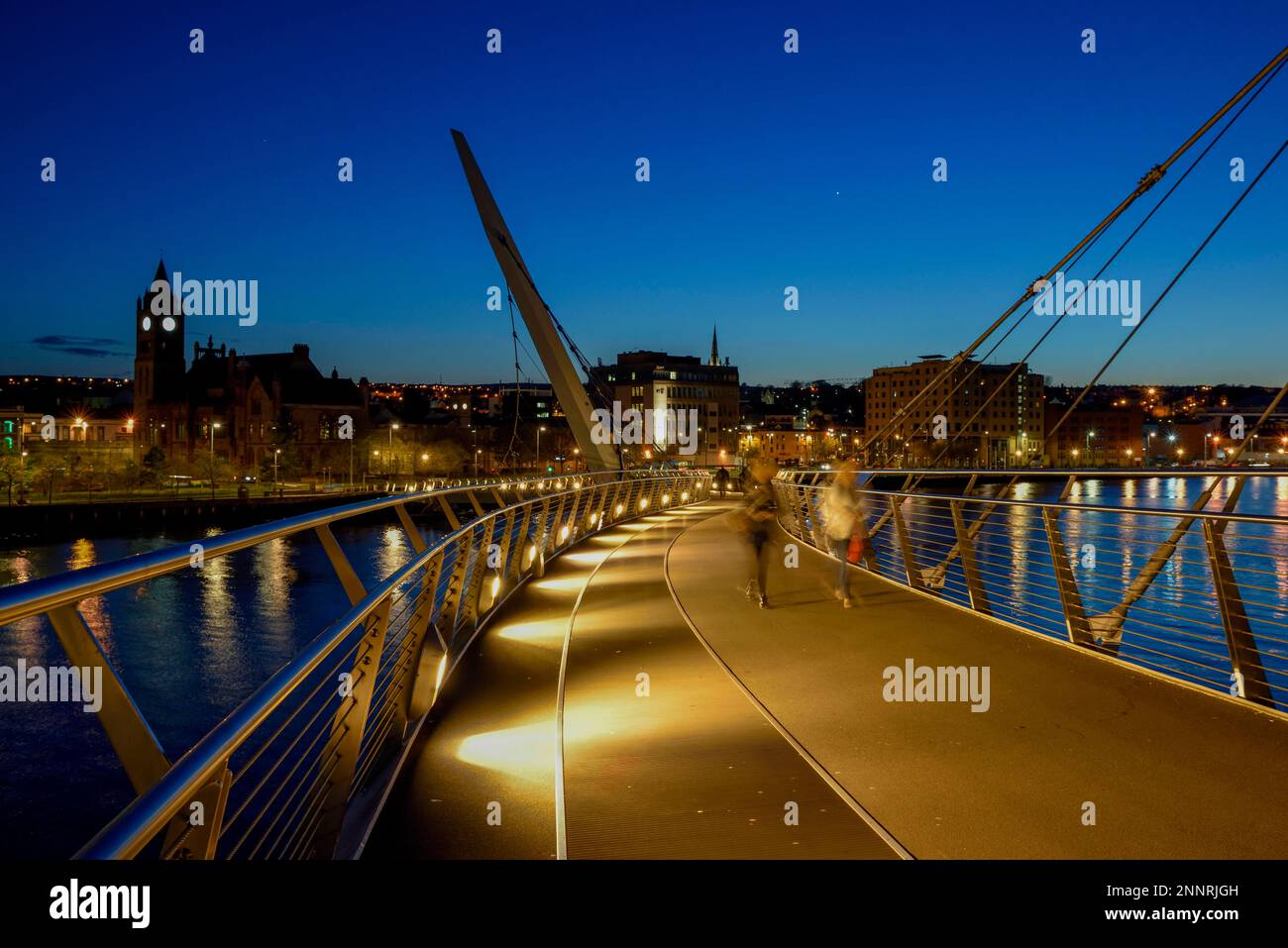 Peace Bridge, over the river Foyle, blue hour, Derry-Londonderry ...