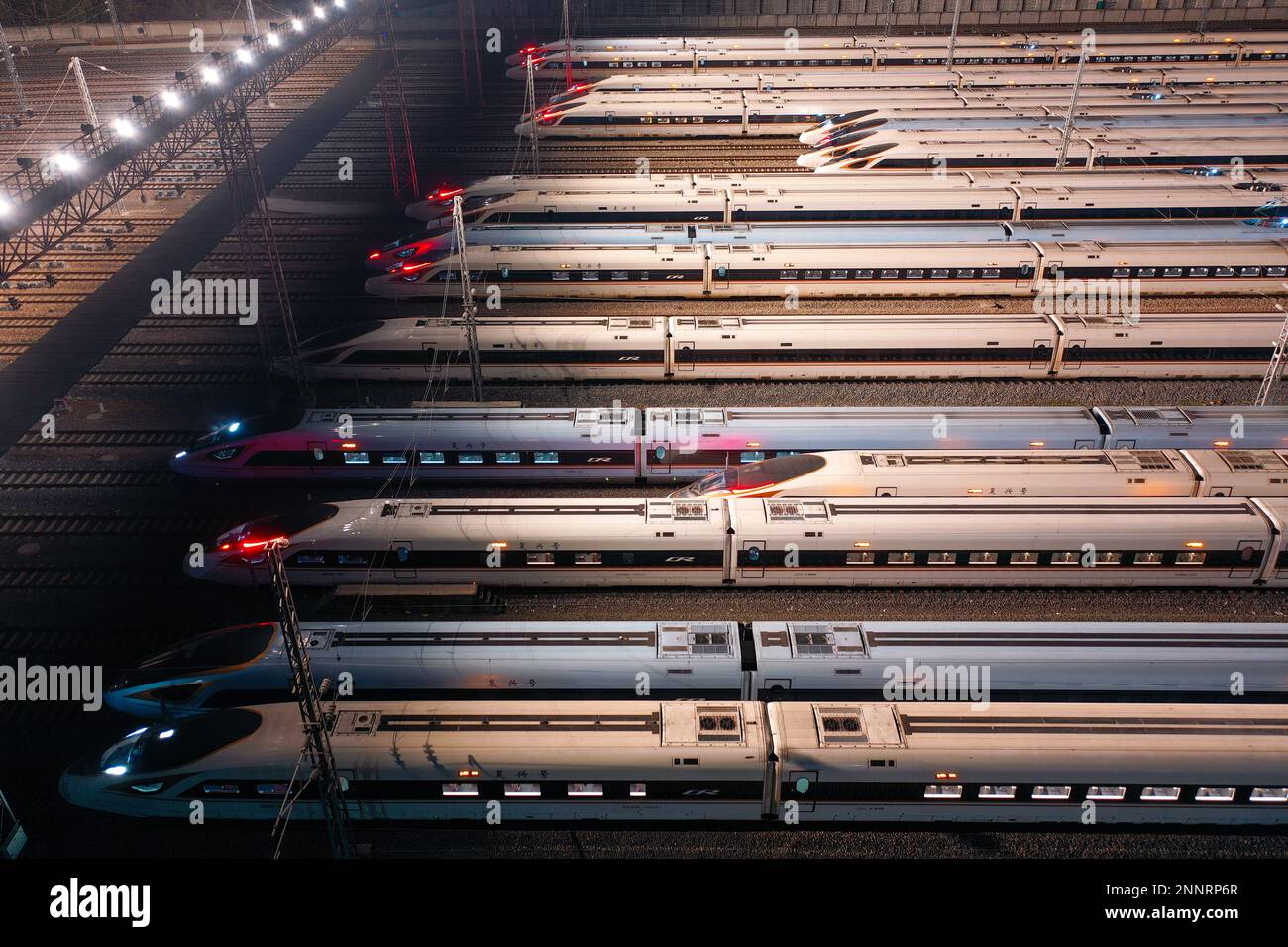 NANJING, CHIAN - FEBRUARY 26, 2023 - Aerial photo shows bullet trains parked at the Nanjing ...