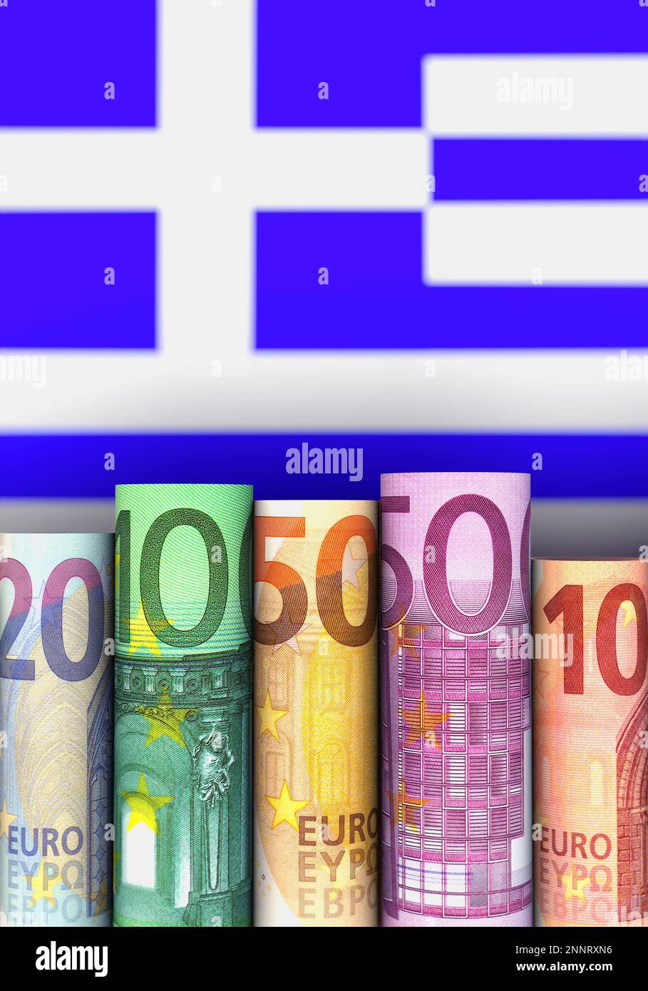 Illustration Greece and money, portrait format Stock Photo - Alamy