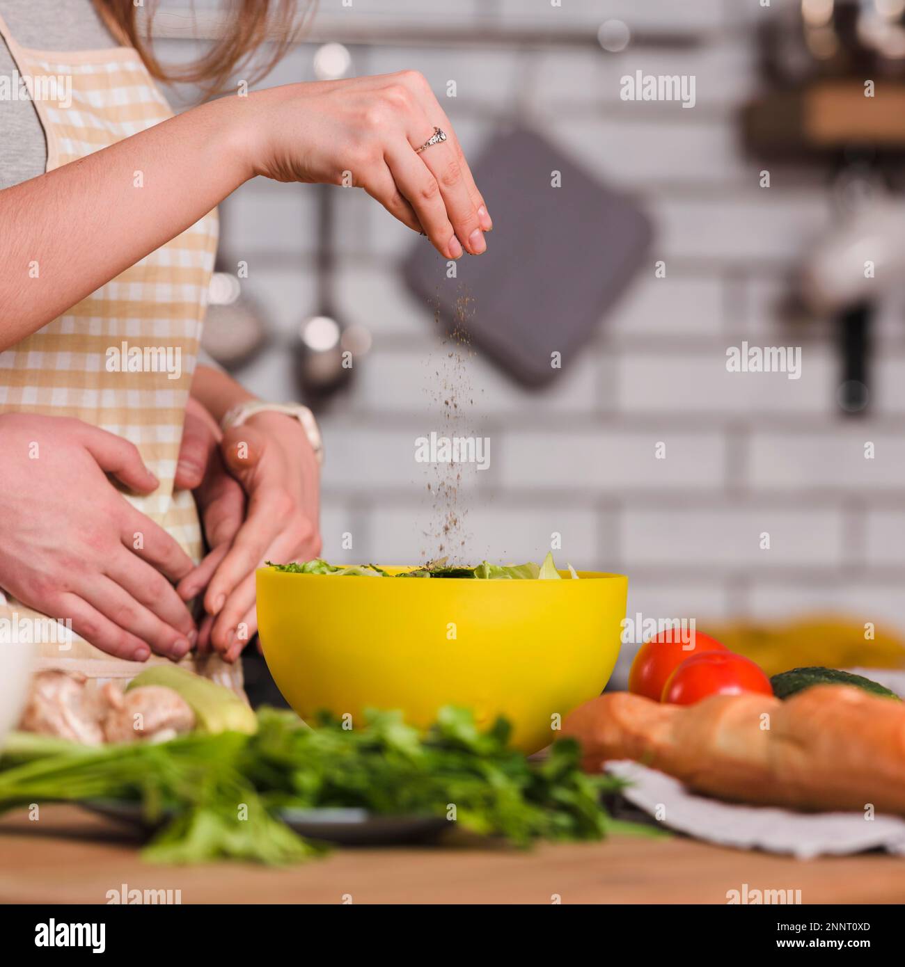 sweethearts preparing vegetable salad kitchen. Beautiful photo Stock ...