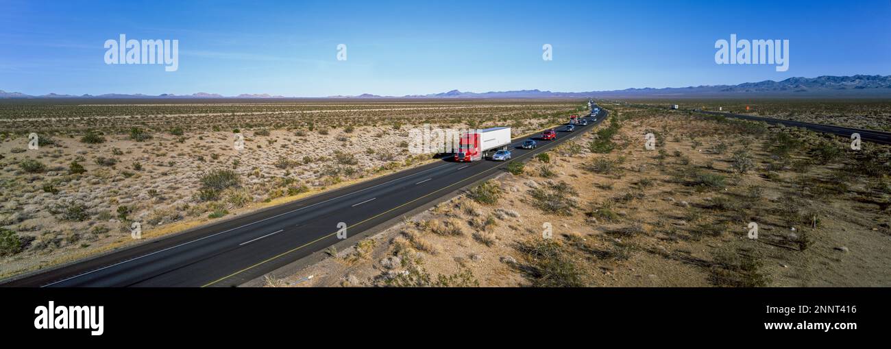 Traffic on road in desert, Highway 40, Mojave Desert, California, USA ...