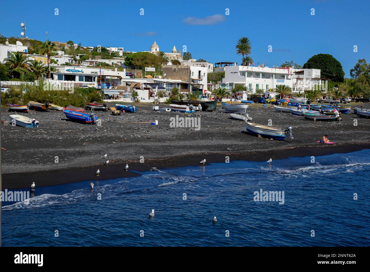 Black volcanic beach near Stromboli, island of Stromboli, Lipari ...